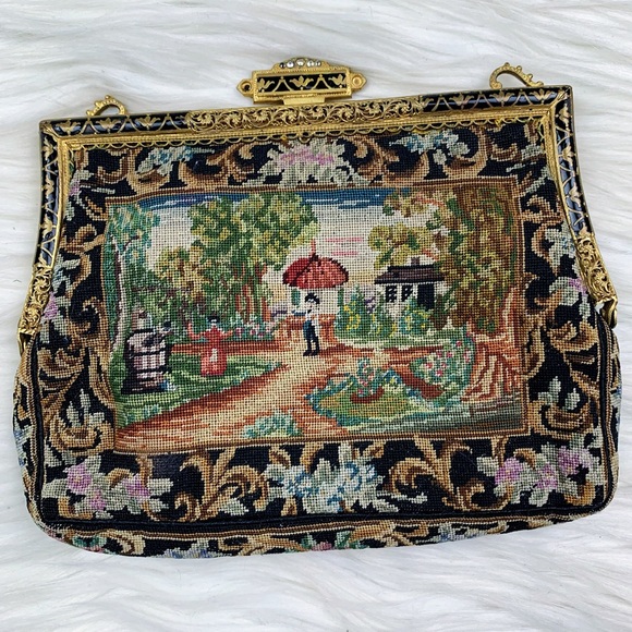 Vintage | Bags | Vintage Tapestry Point Brocade Victorian Cottage Scene ...